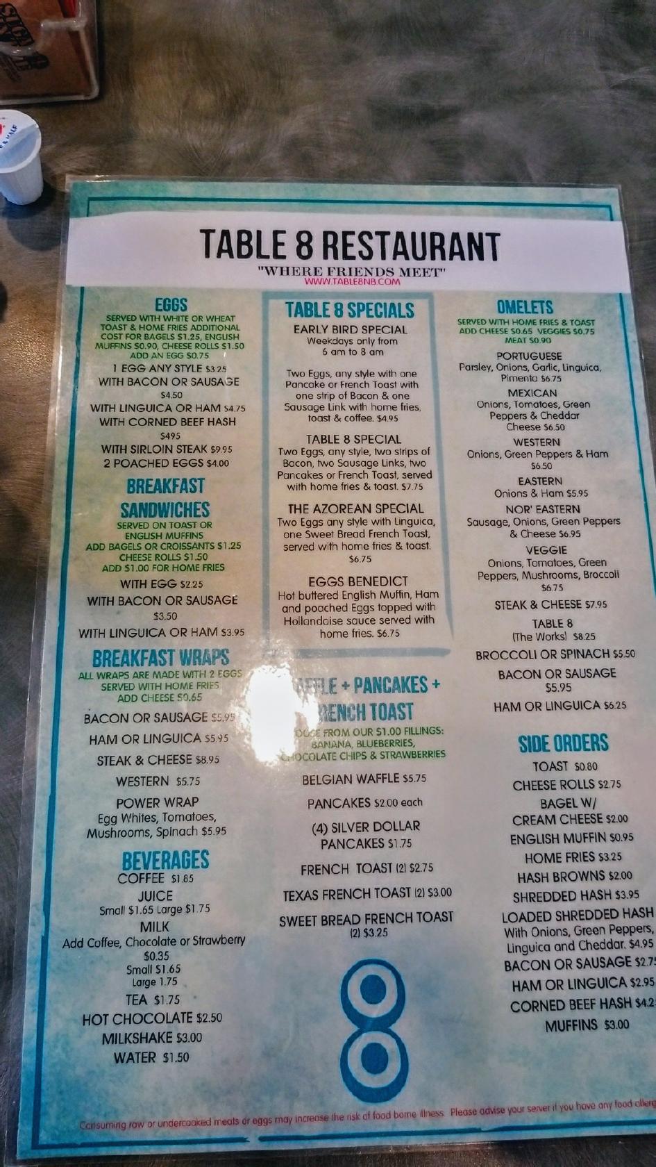 Menu at Table 8 restaurant, New Bedford