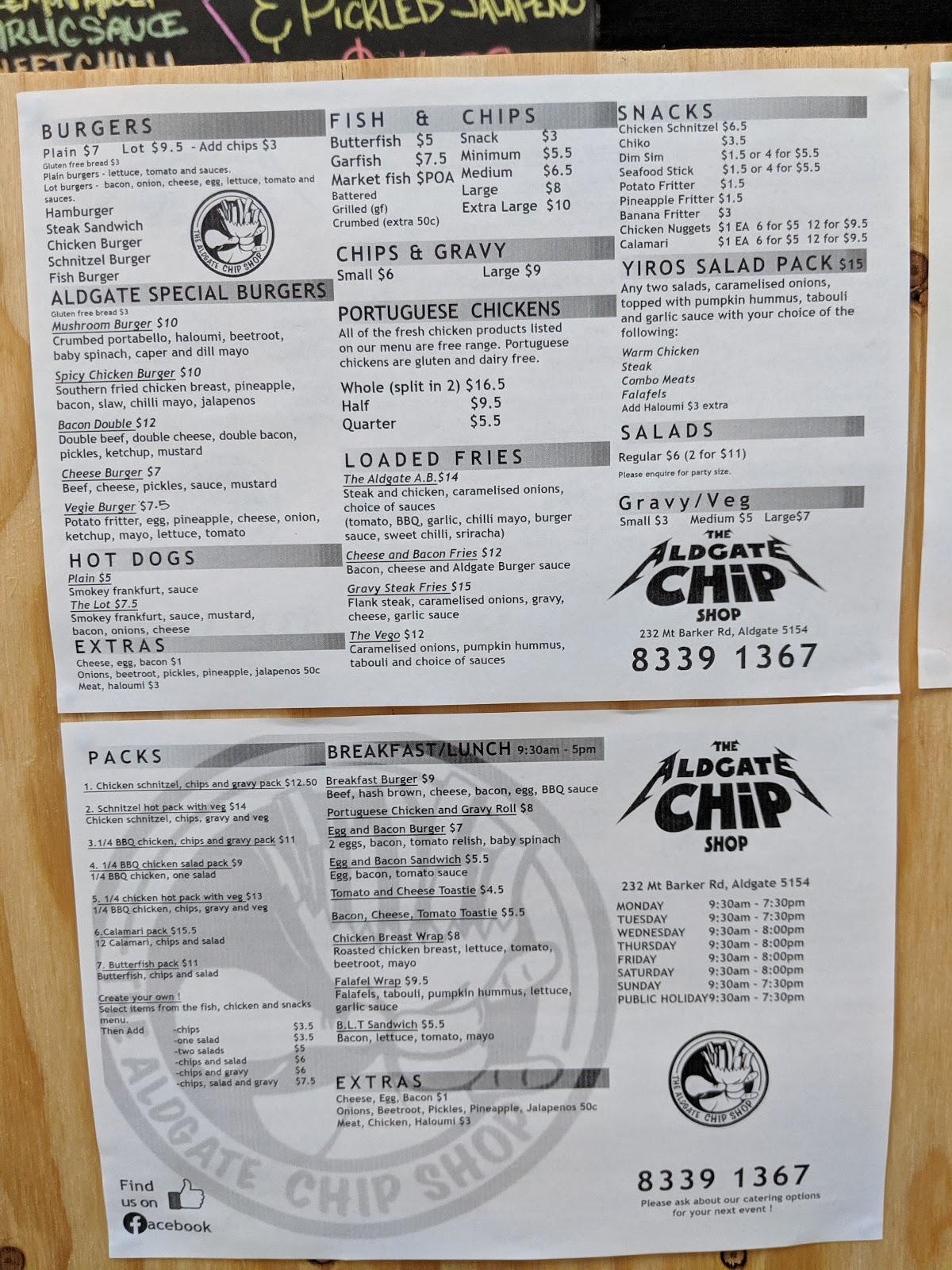 Menu at The Aldgate Chip Shop fast food, Aldgate