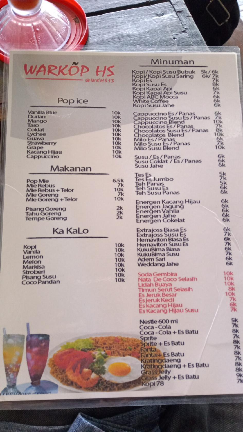 Menu at Warkop HS cafe, Raya River