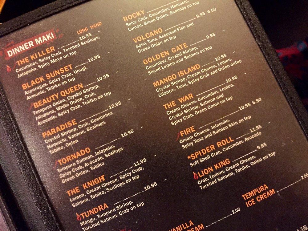Menu at JJ's Sushi restaurant, Sparks
