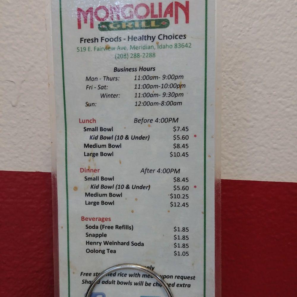 Menu at Mongolian Grill restaurant, Meridian, 519 E Fairview Ave #400