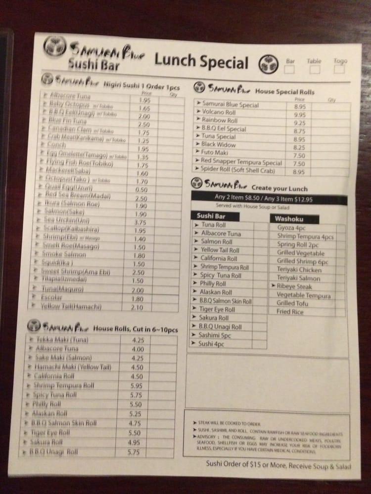 Menu at Samurai Blue restaurant, Lawrenceville