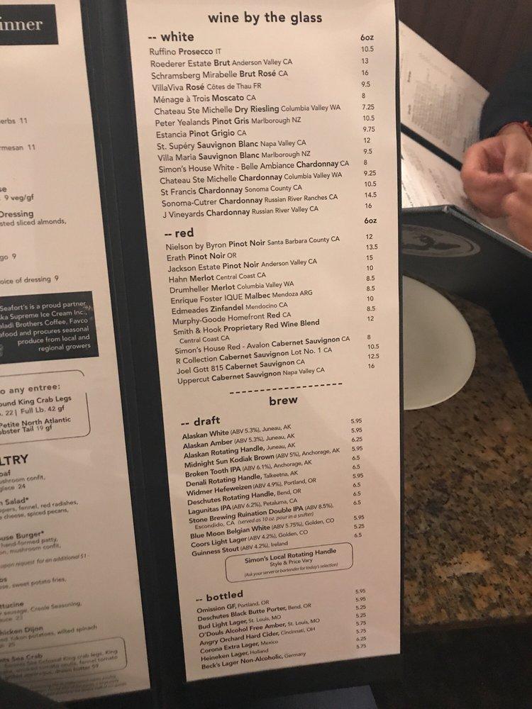 Menu at Simon & Seafort's Saloon & Grill steakhouse, Anchorage
