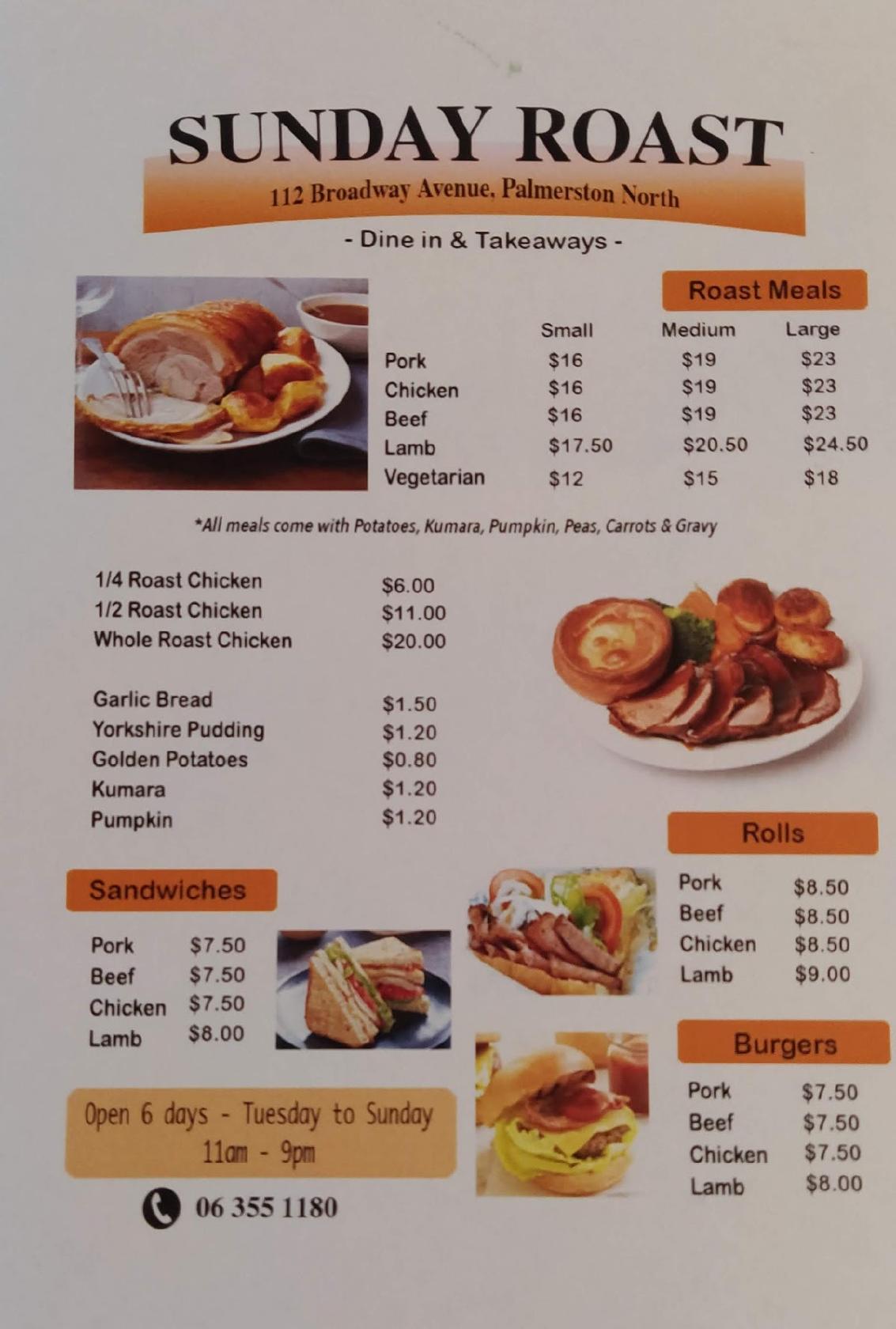 Menu at Sunday Roast fast food, Palmerston North