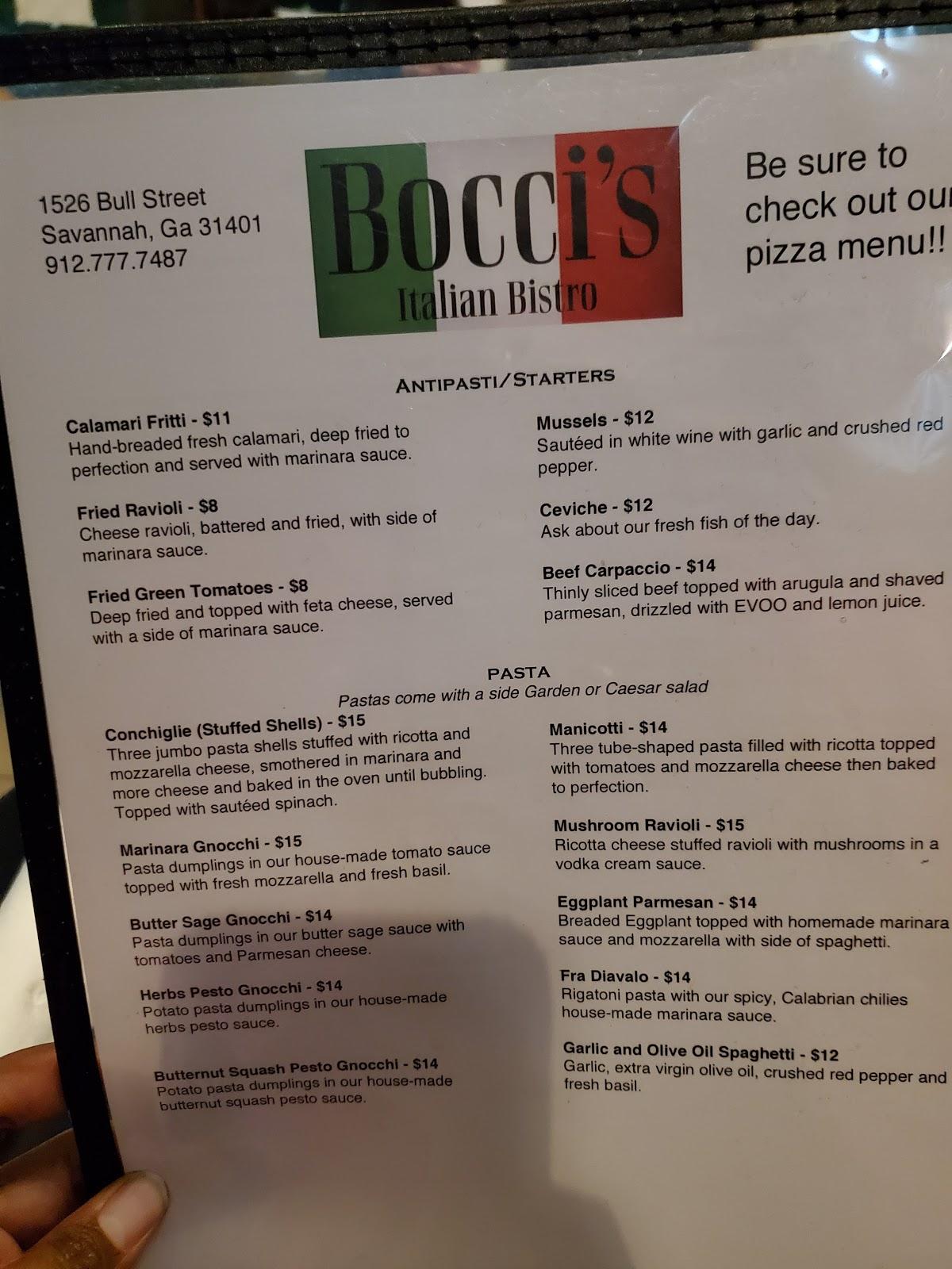 Menu at Bocci’s Italian Bistro on Bull pizzeria, Savannah