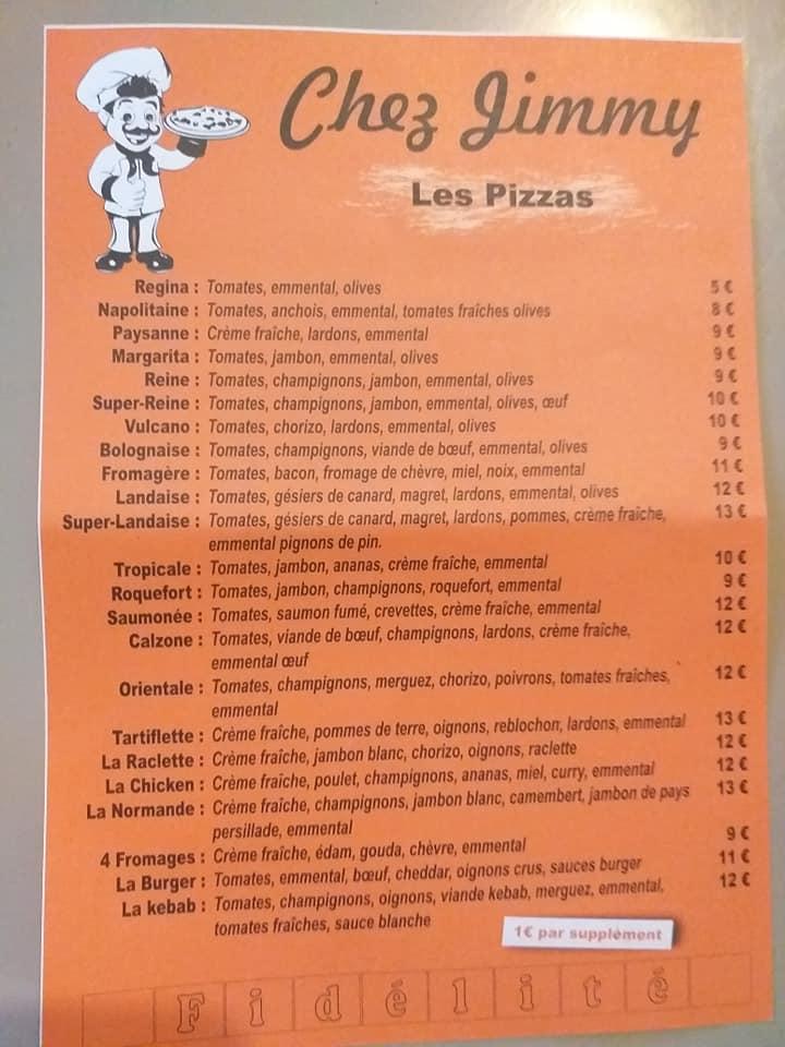 Menu at Chez Jimmy pizzeria, Avensan