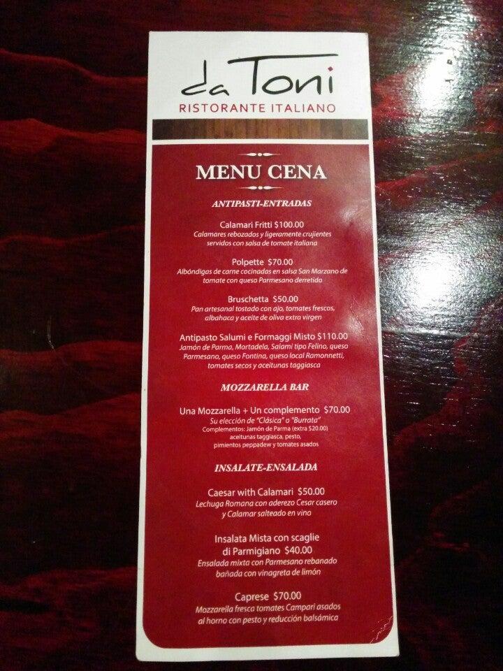 Menu at da Toni restaurant, Ensenada