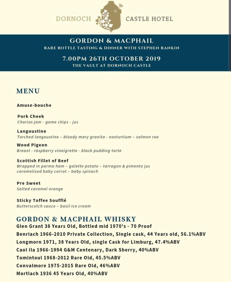 Menu at Dornoch Castle Whisky Bar & Grant MacNicol at the Castle ...