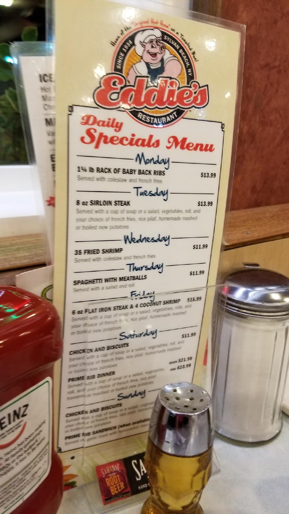 Menu at Eddie's restaurant, Sylvan Beach