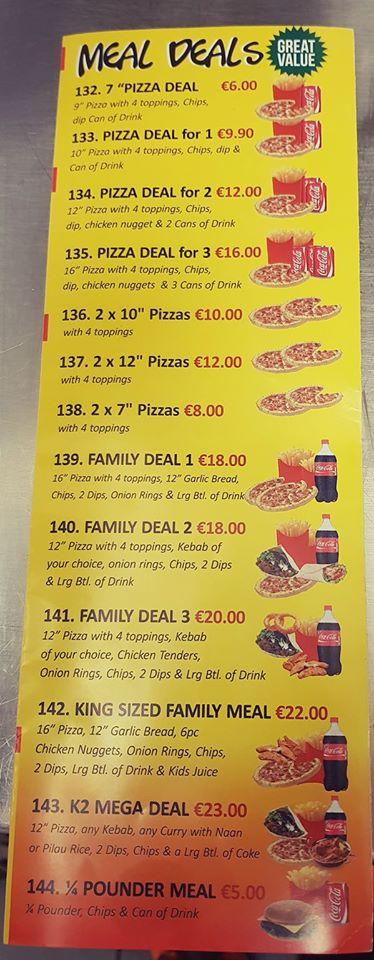 Menu at K2 Kebab pizzeria, Letterkenny