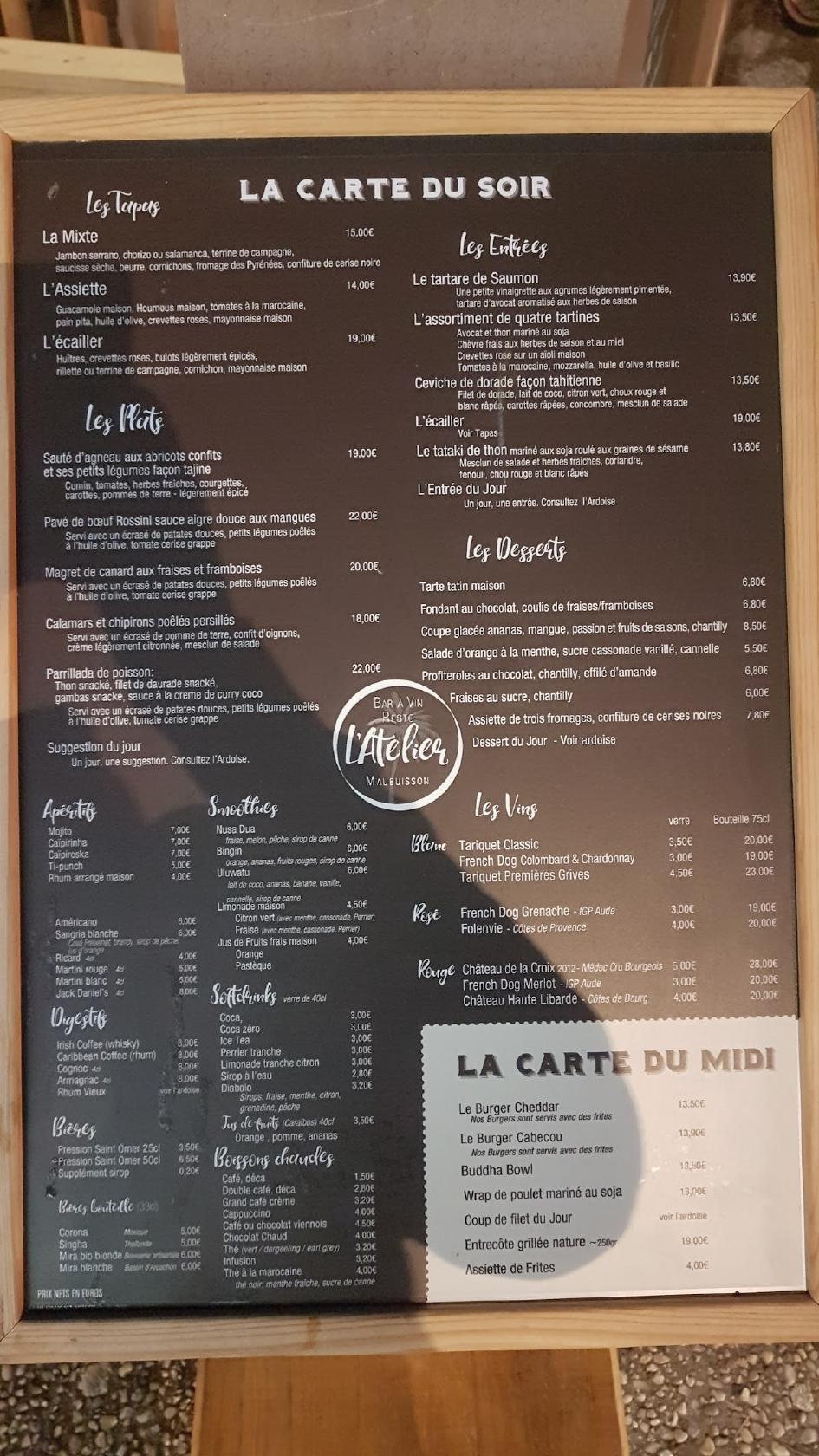 Menu au L’Atelier Restaurant Bar à Vins Maubuisson Lac d'Hourtin, Carcans