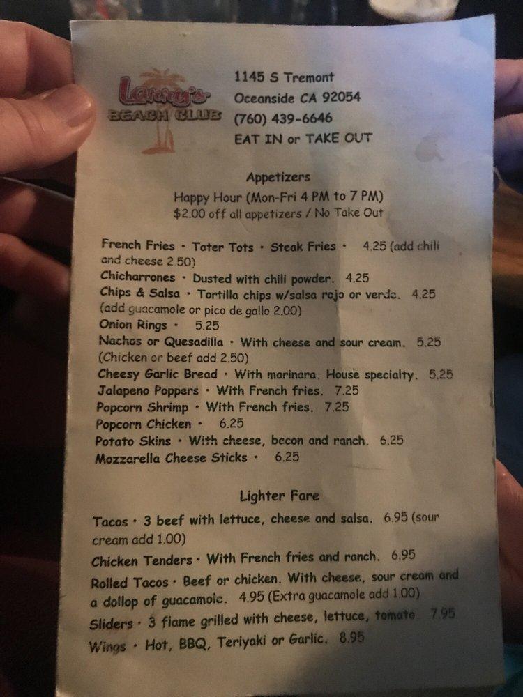 Menu at Larry's Beach Club, Oceanside, S Tremont St