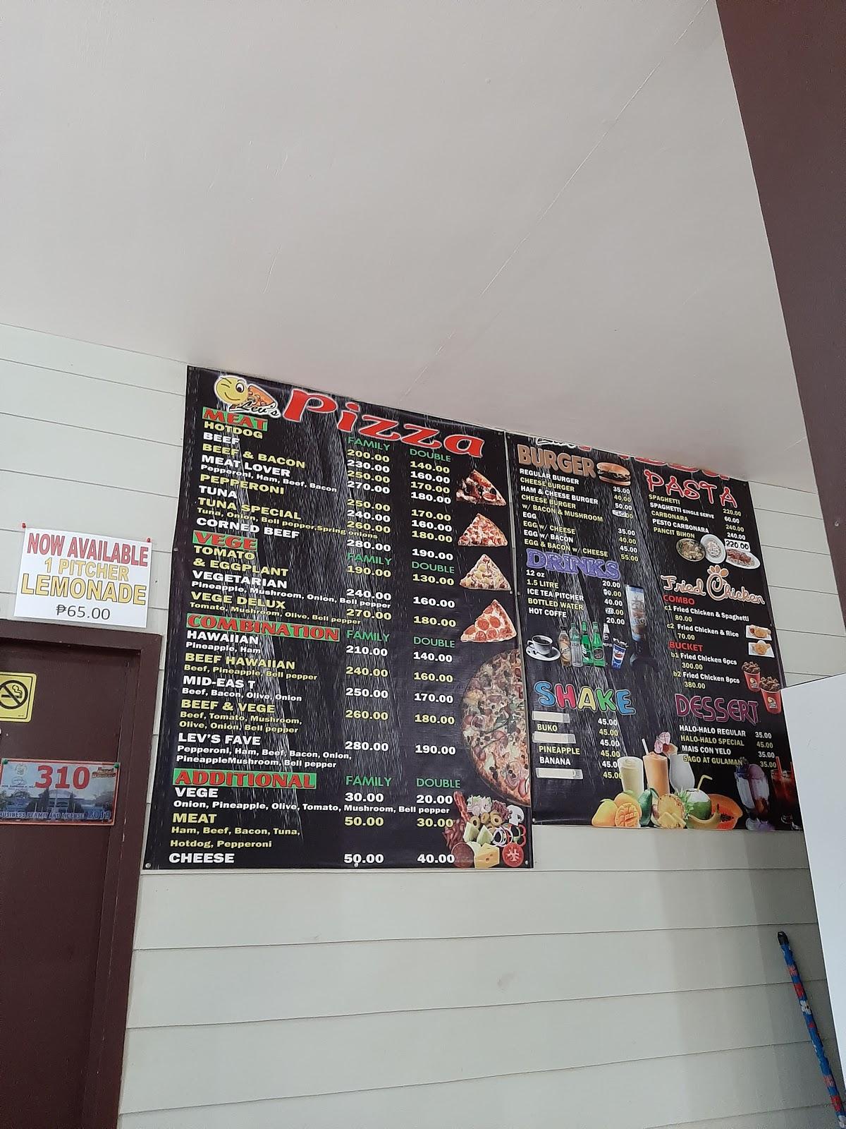 Menu at Lev's PIZZA restaurant, Rio Tuba