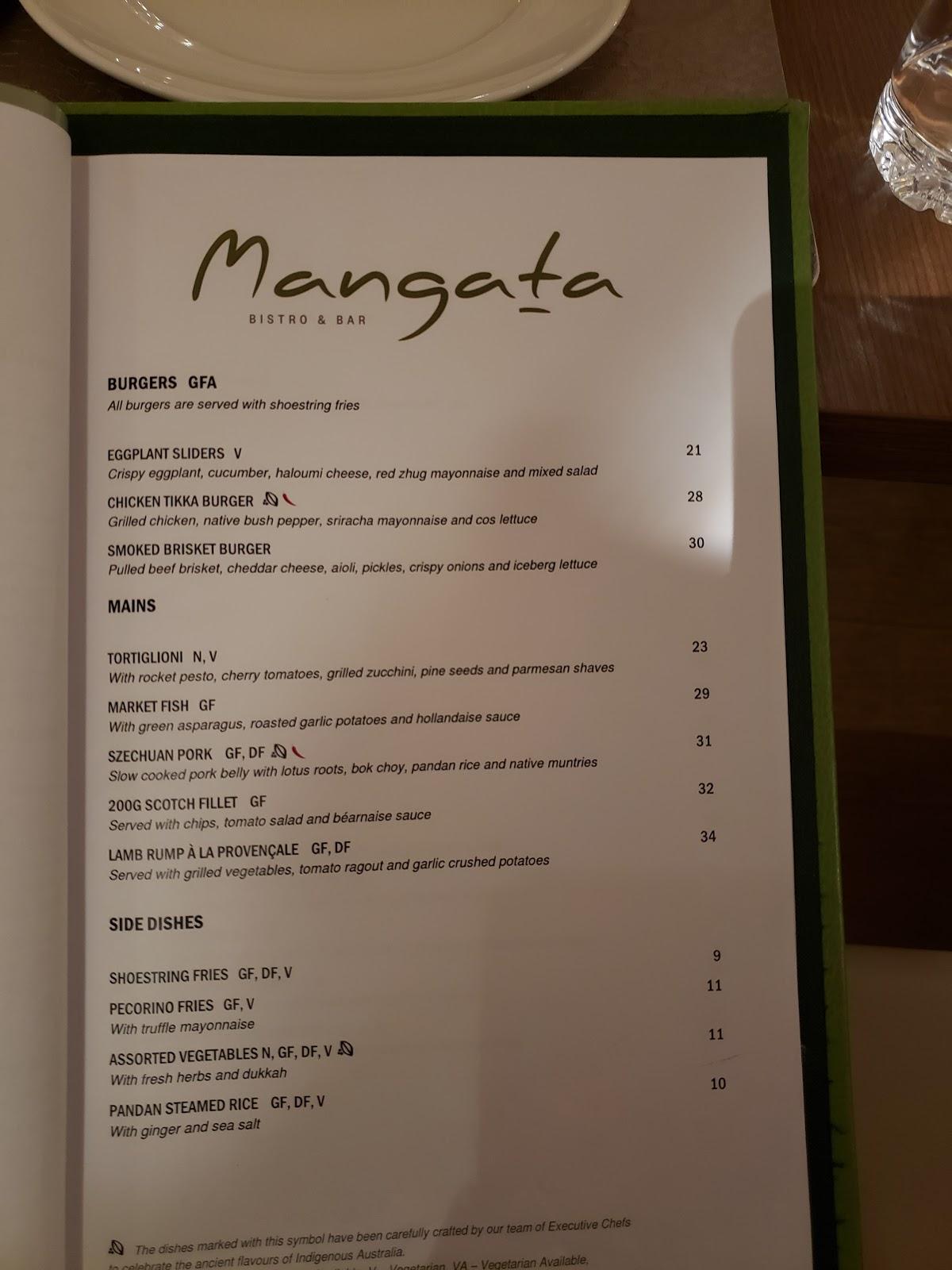 Menu at Mangata Bistro & Bar, Yulara