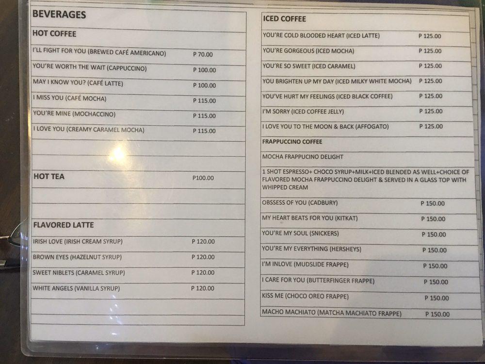 Menu at Poems Cafe, Angeles