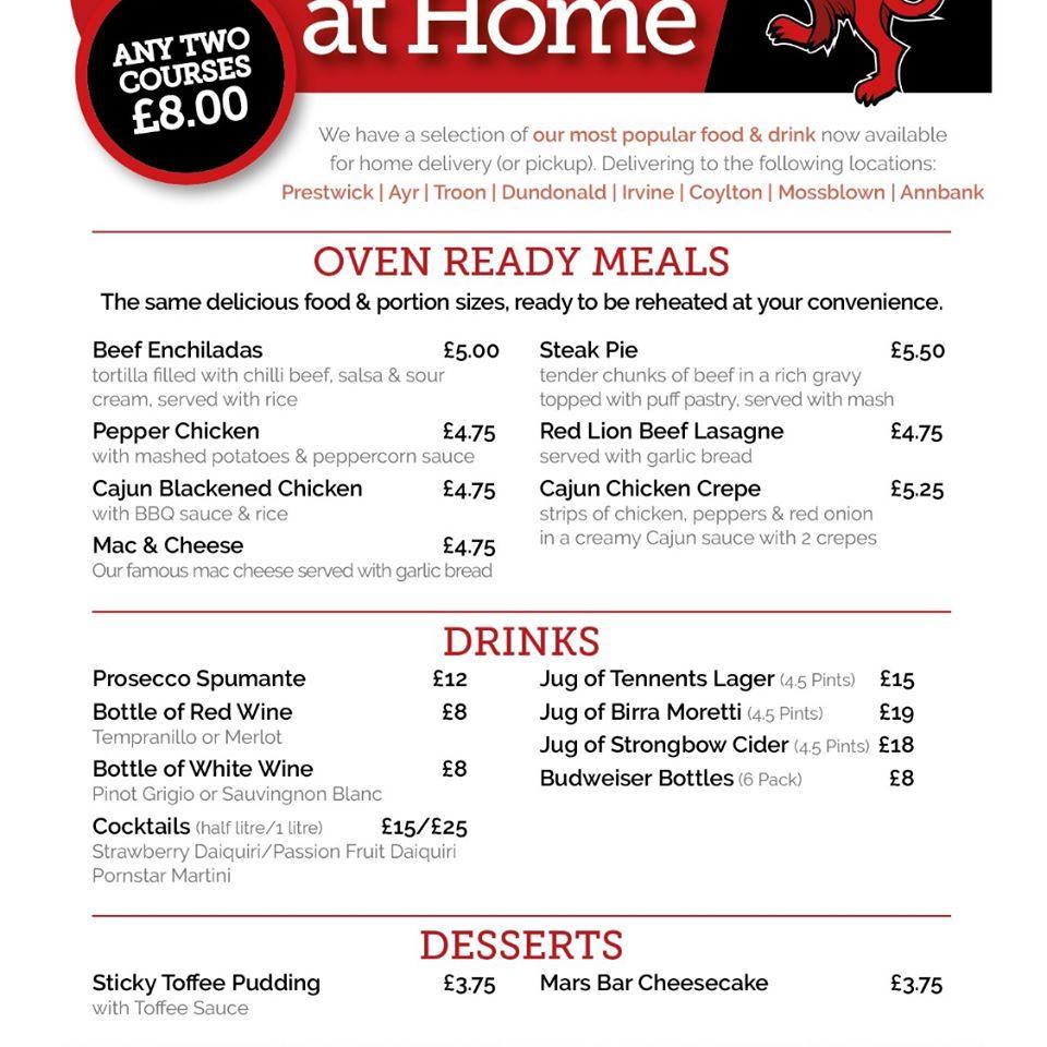 Menu at The Red Lion pub & bar, Prestwick