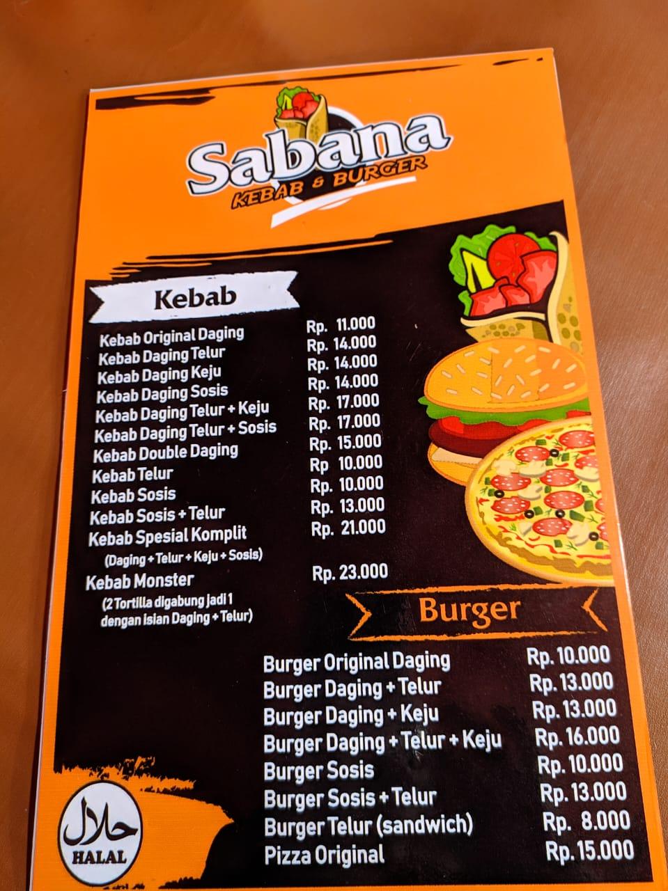 Menu at Sabana Kebab & Burger restaurant, Padang Panjang