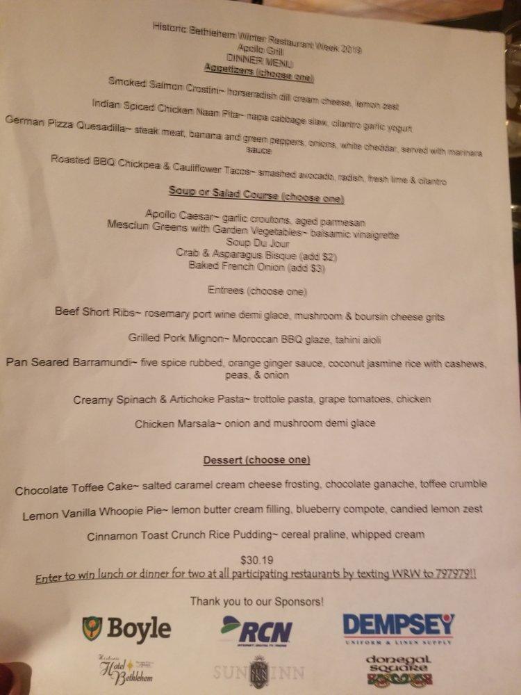 Menu at Apollo Grill pub & bar, Bethlehem