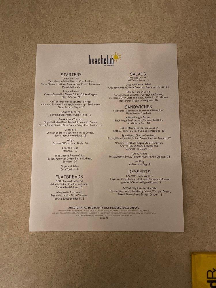 Menu at Beach Club, Orlando, Universal Blvd