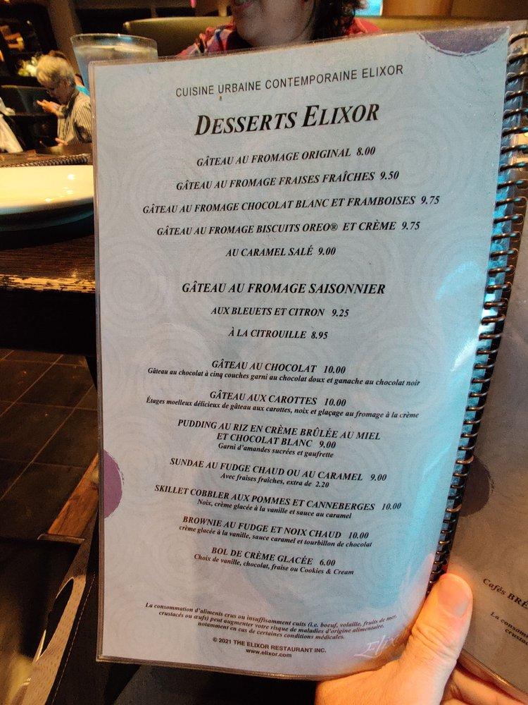 Menu au Elixor restaurant, Laval, Avenue Pierre-Péladeau