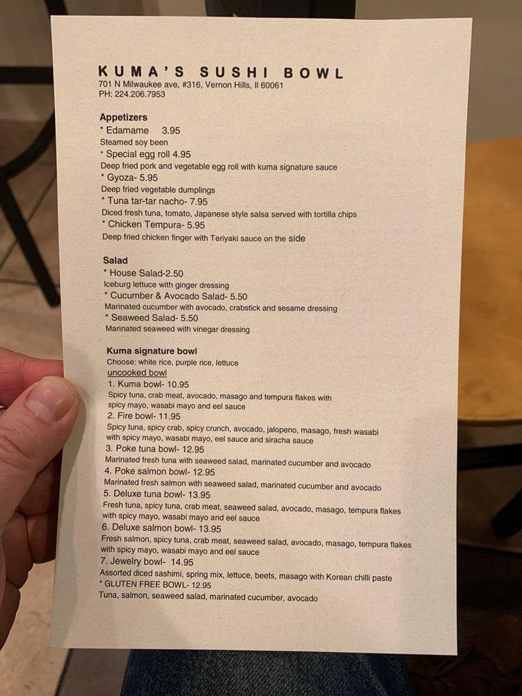 Menu at Kuma's sushi bowl restaurant, Vernon Hills