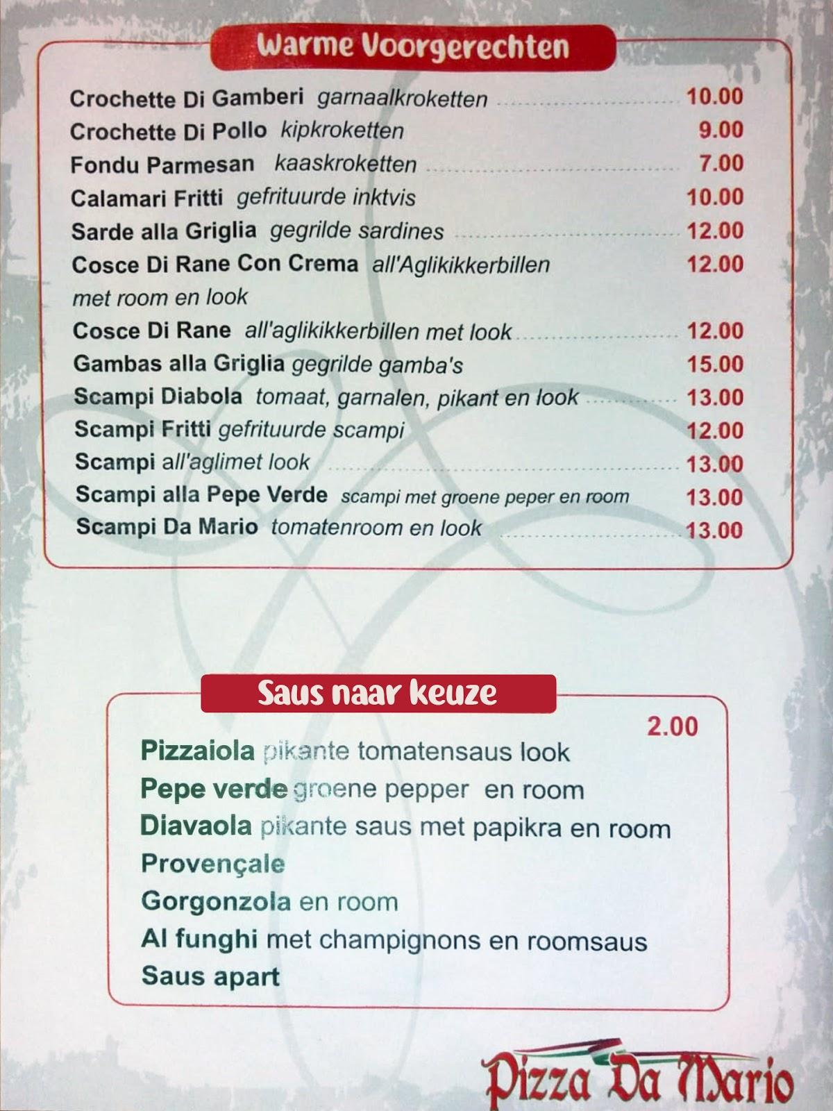 Menu at Pizza Da Mario, Tongeren