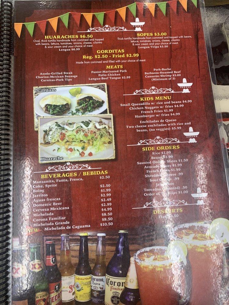 Menu at Taqueria El Palenque restaurant, Little Rock