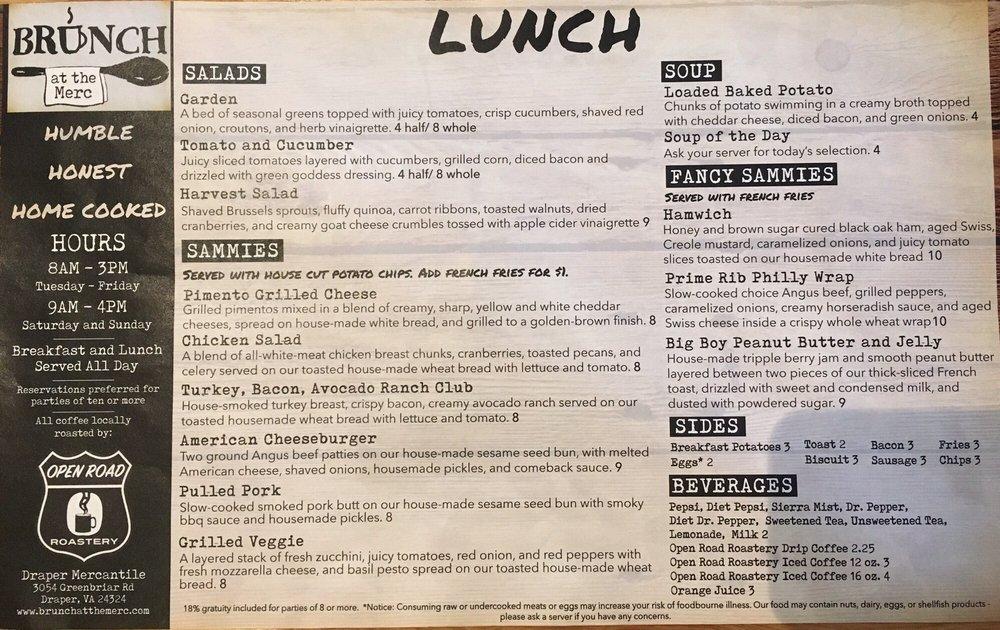 Menu at Brunch at the Merc restaurant, Draper