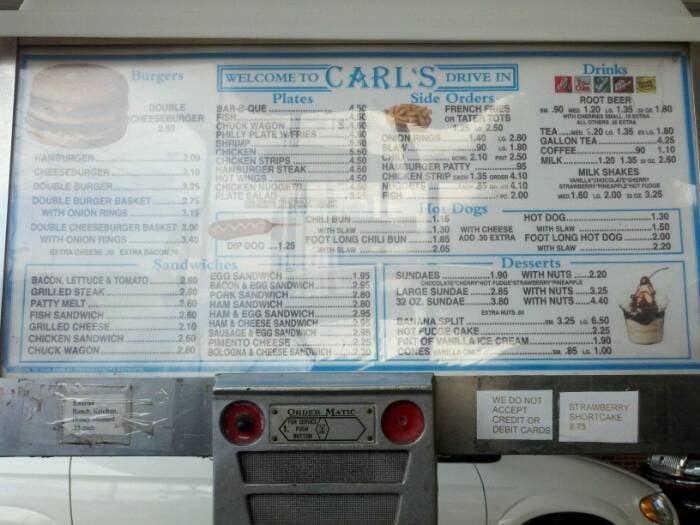 Menu at Carl's Drive In restaurant, Loudon, E Lee Hwy