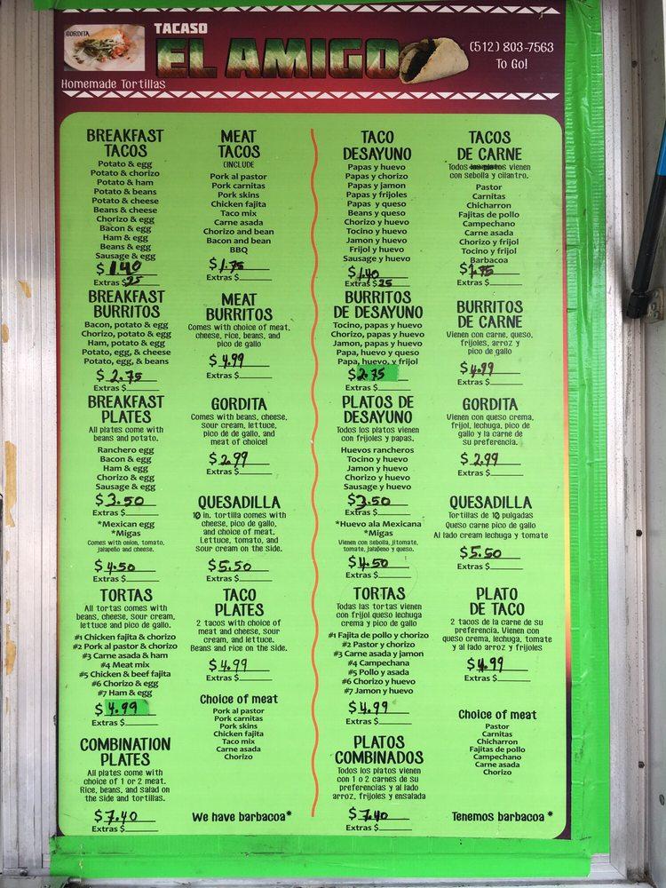 Menu at El Amigo Taco restaurant, Austin
