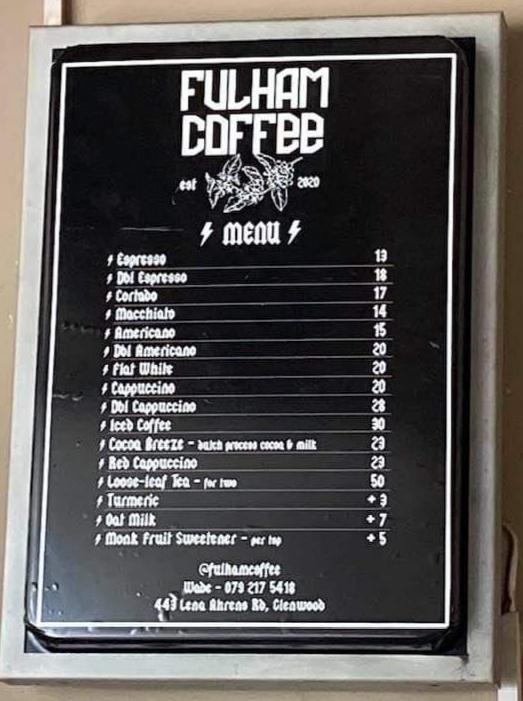 Menu at Fulham Bakery, Durban