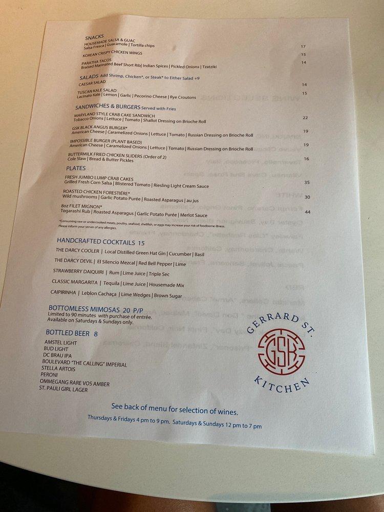 Menu at Gerrard Street Kitchen pub & bar, Washington