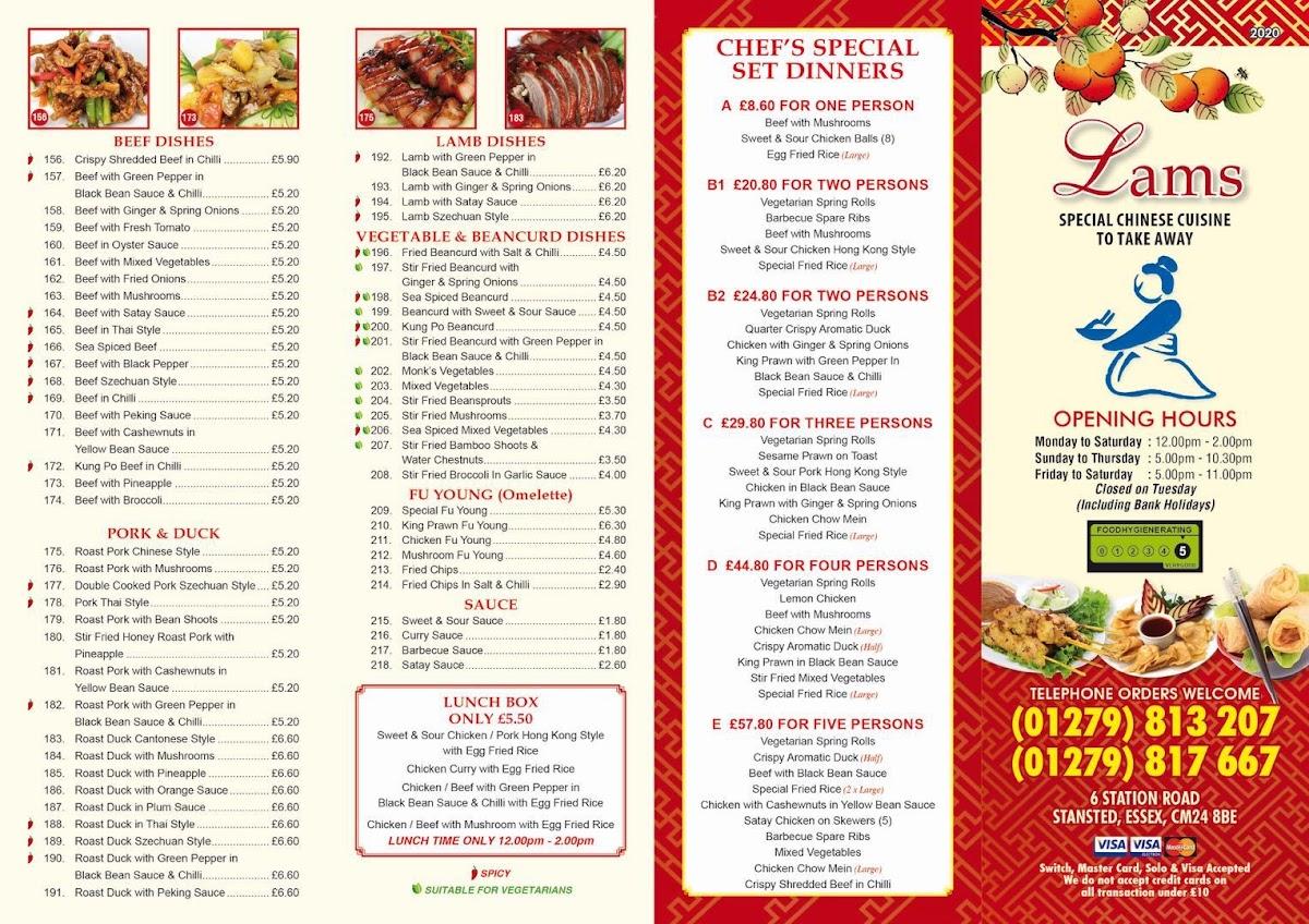 Menu at Lams fast food, Stansted Mountfitchet