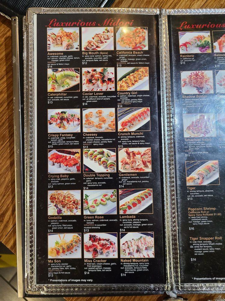 Menu at Midori Sushi restaurant, Tehachapi