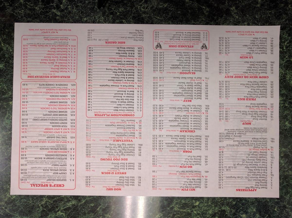 Menu at New China restaurant, Hancock