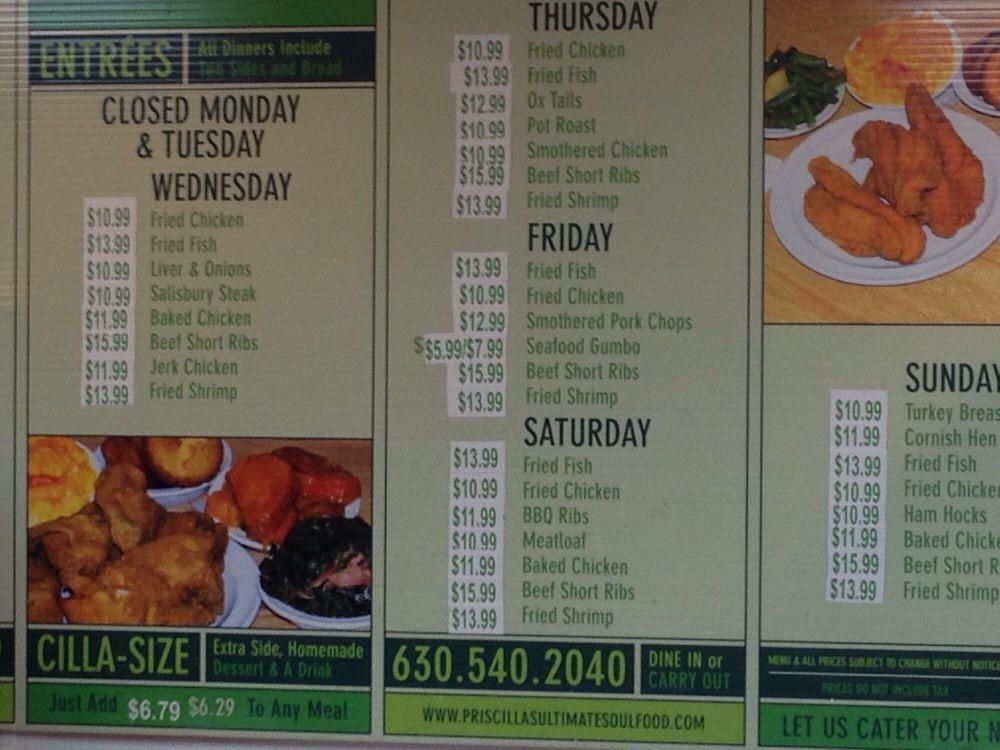 Menu at Priscilla's Ultimate Soul Food cafe, Hillside
