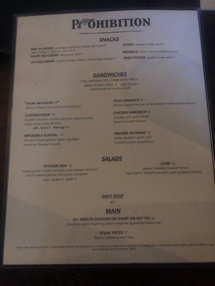 Menu at Prohibition pub & bar, Denver