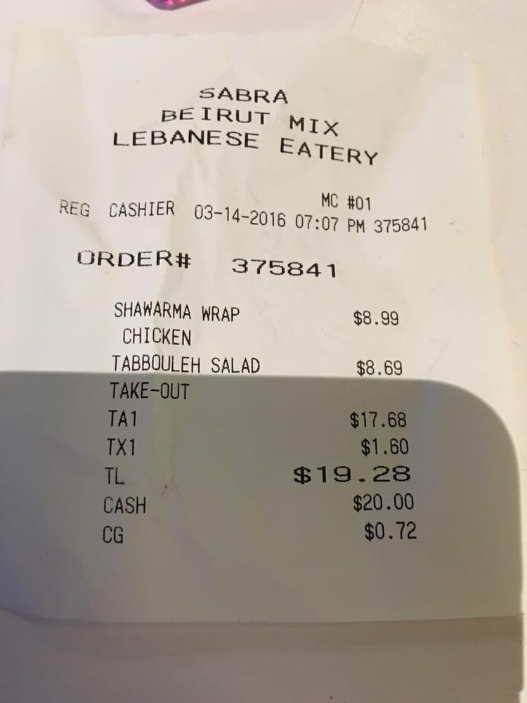 Menu at Sabra Beirut Mix restaurant, El Segundo