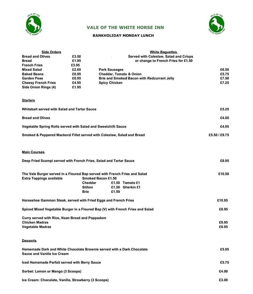 Menu at Vale of the White Horse Inn pub & bar, Minety