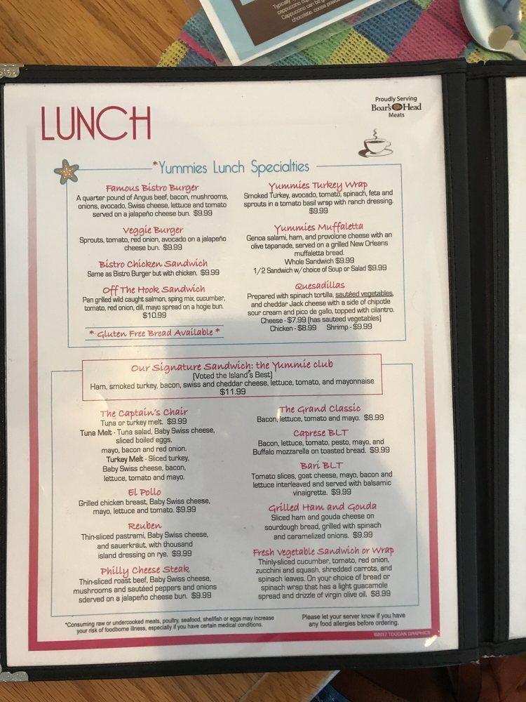 Menu at Yummies Bistro cafe, South Padre Island