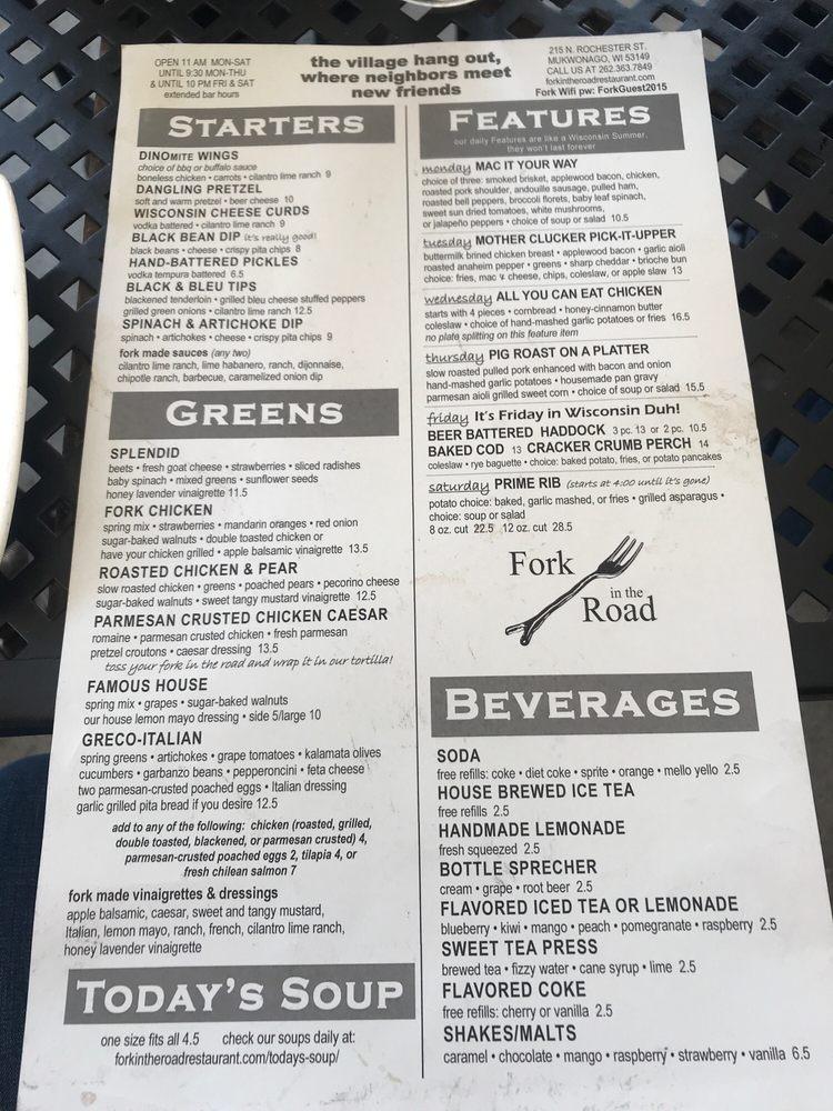 Menu at Fork in the Road Restaurant, Mukwonago