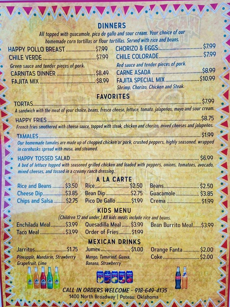 Menu at Happy Tacos restaurant, Poteau