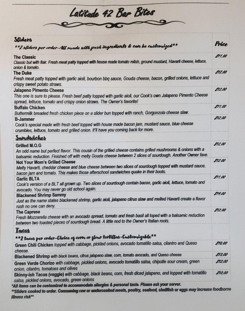 Menu at Latitude 42 Bar & Grill, Harbor