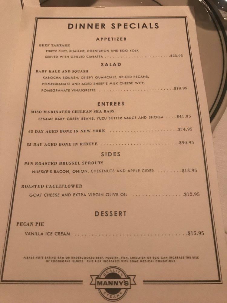 Menu at Manny's Steakhouse, Minneapolis, 825 S Marquette Ave