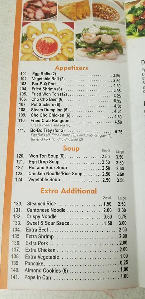 Menu at Ming's Garden restaurant, Marengo
