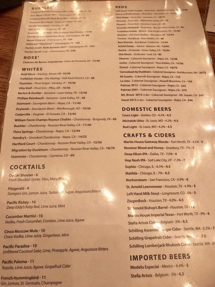 Menu at Pacific Table restaurant, Fort Worth
