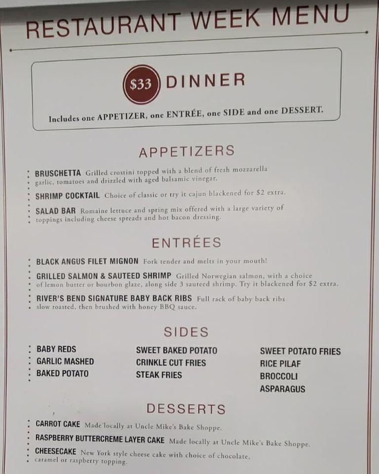 Menu at River's Bend steakhouse, Green Bay