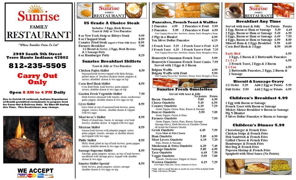 Menu at Sunrise Family Restaurant, Terre Haute