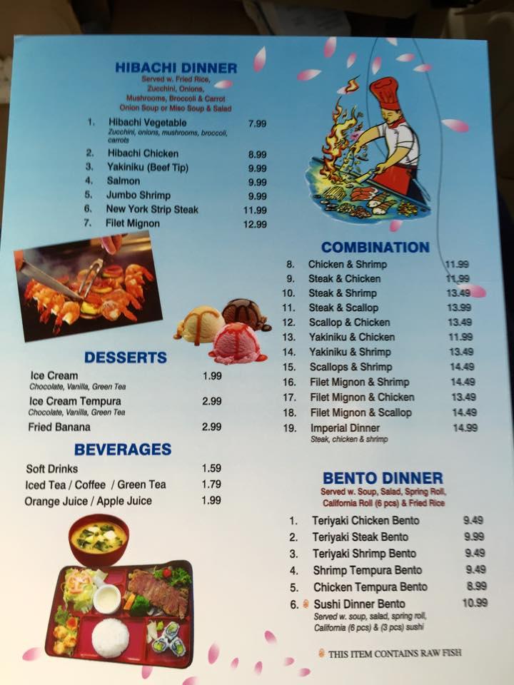 Menu at Tokyo Sushi and Hibachi restaurant, Russellville