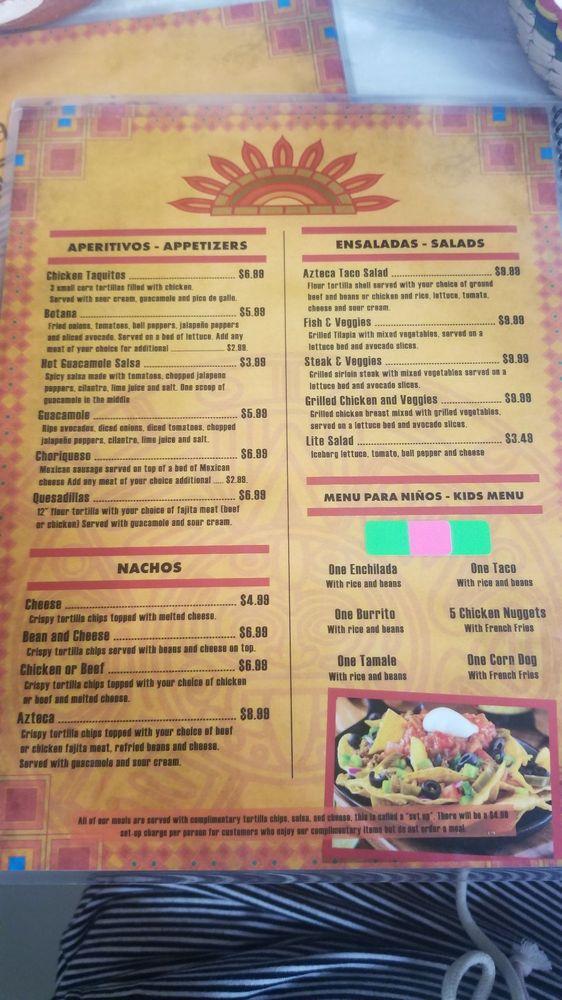 Menu at Azteca Mexican Grill restaurant, Oklahoma City